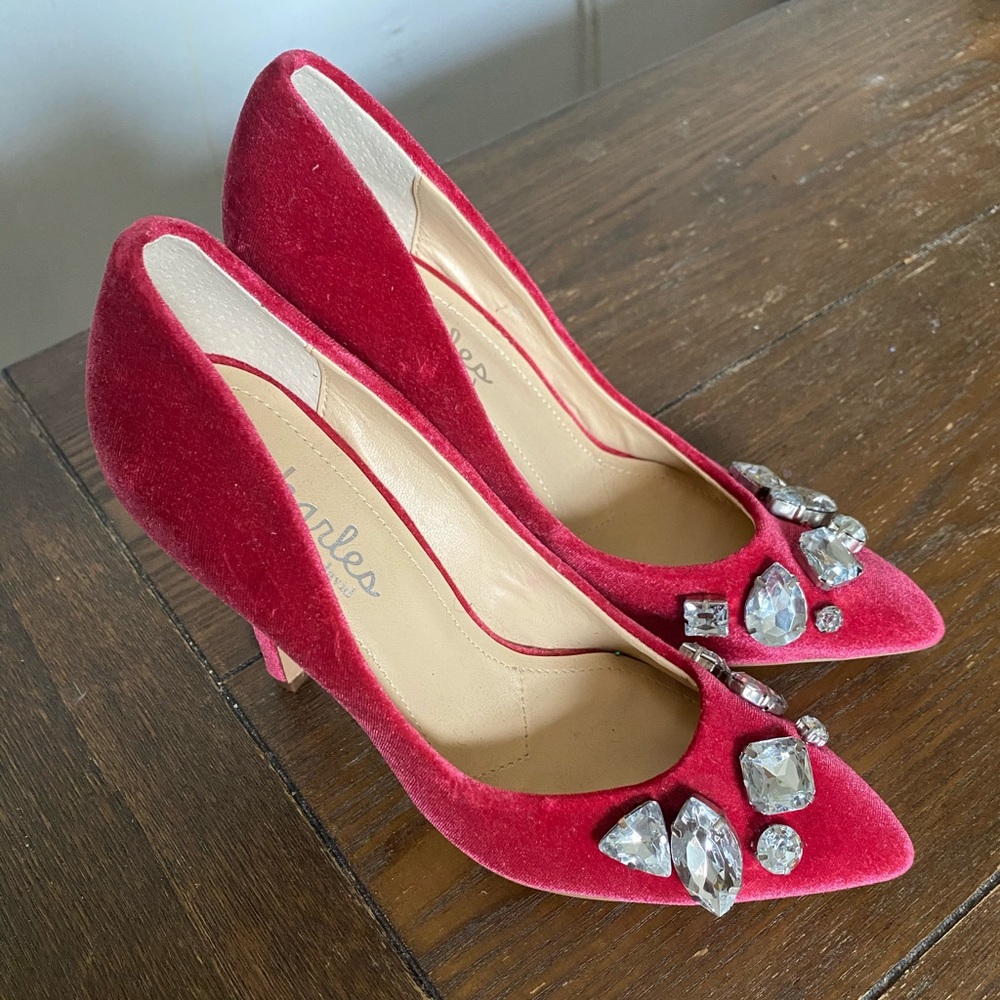 Anthro Charles David Red Velvet Maxx Crystal Pumps - Gem